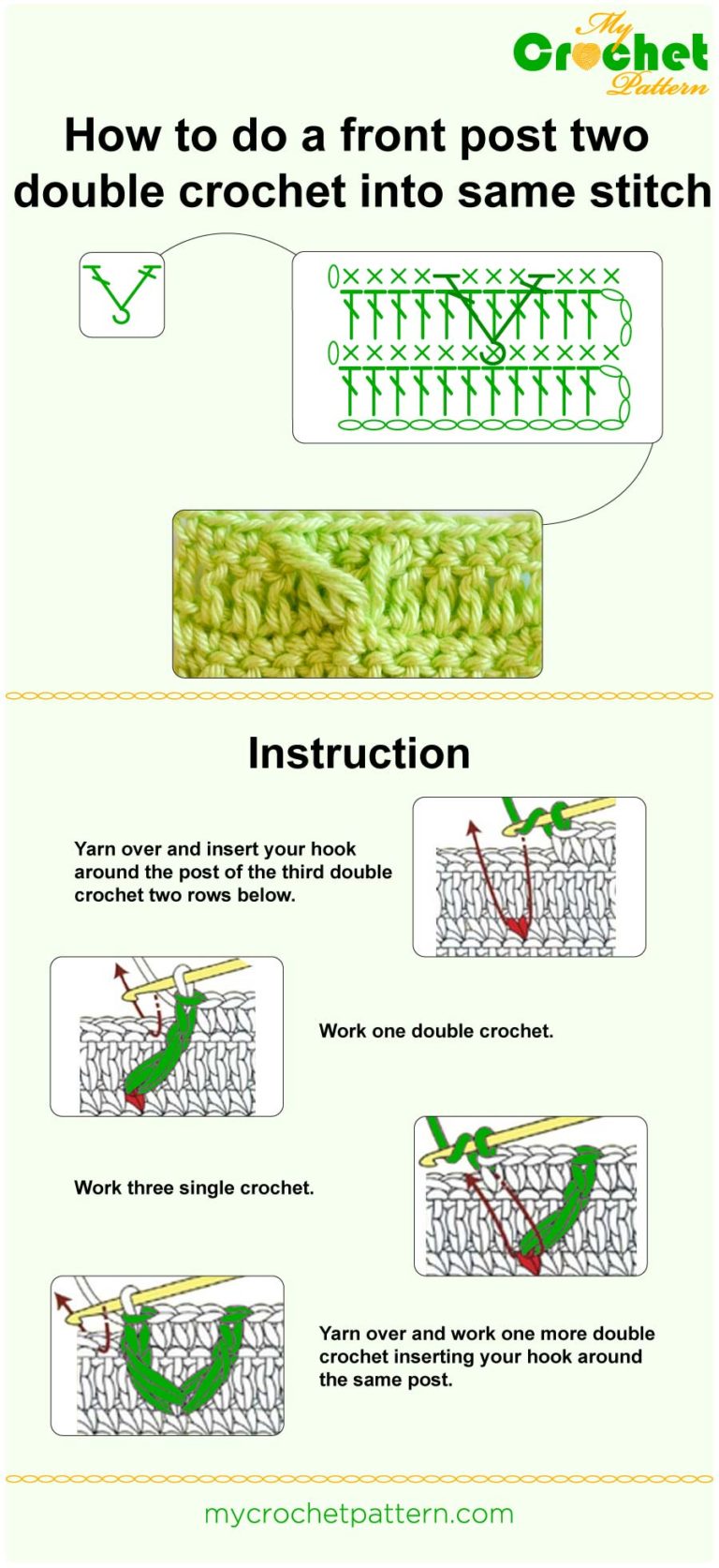 Front post two double crochet into same stitch tutorial | Mycrochetpattern