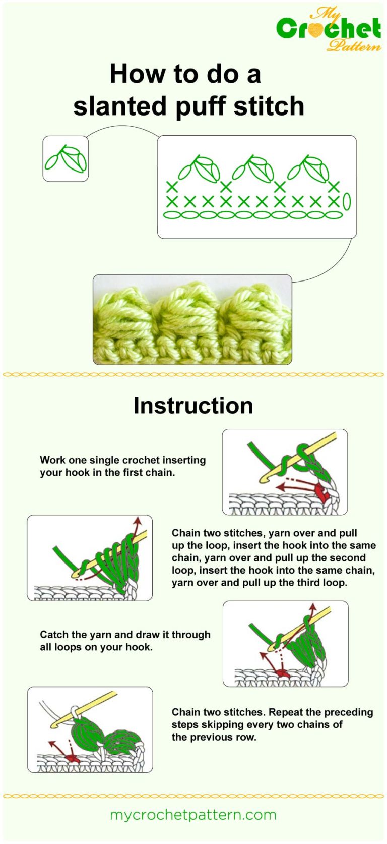 Slanted puff stitch tutorial | Mycrochetpattern