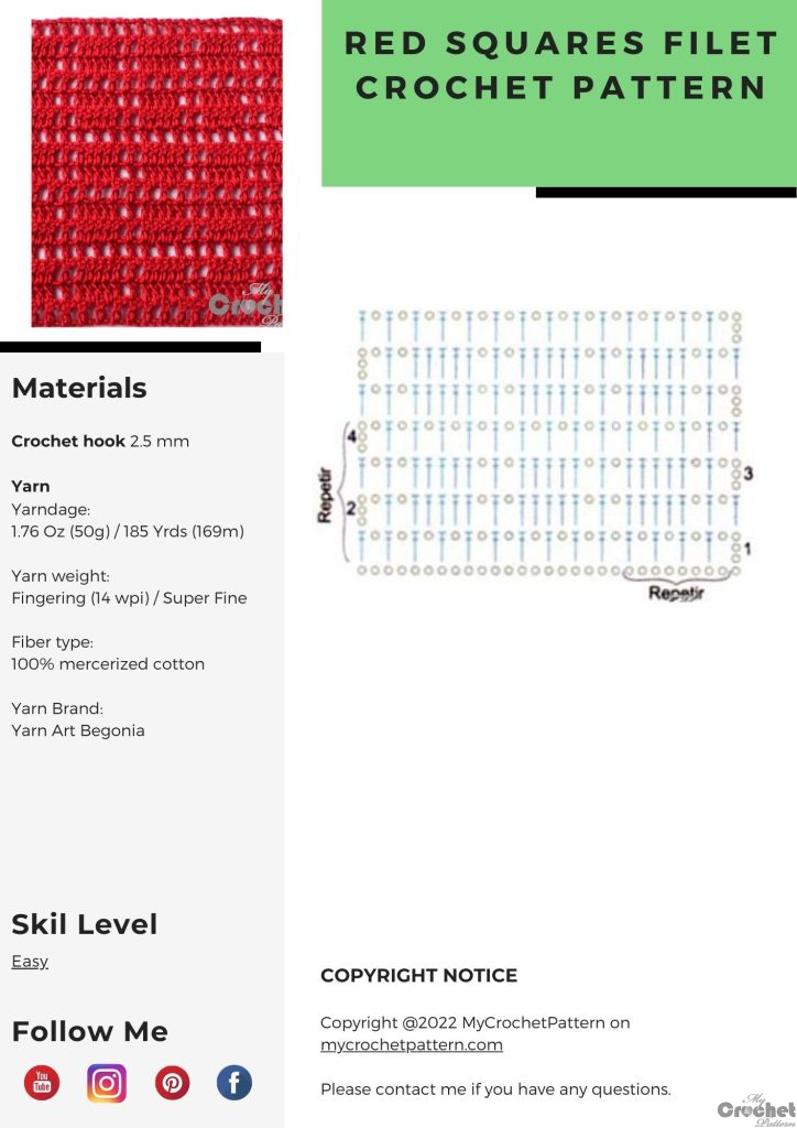 Red squares filet crochet pattern | Mycrochetpattern
